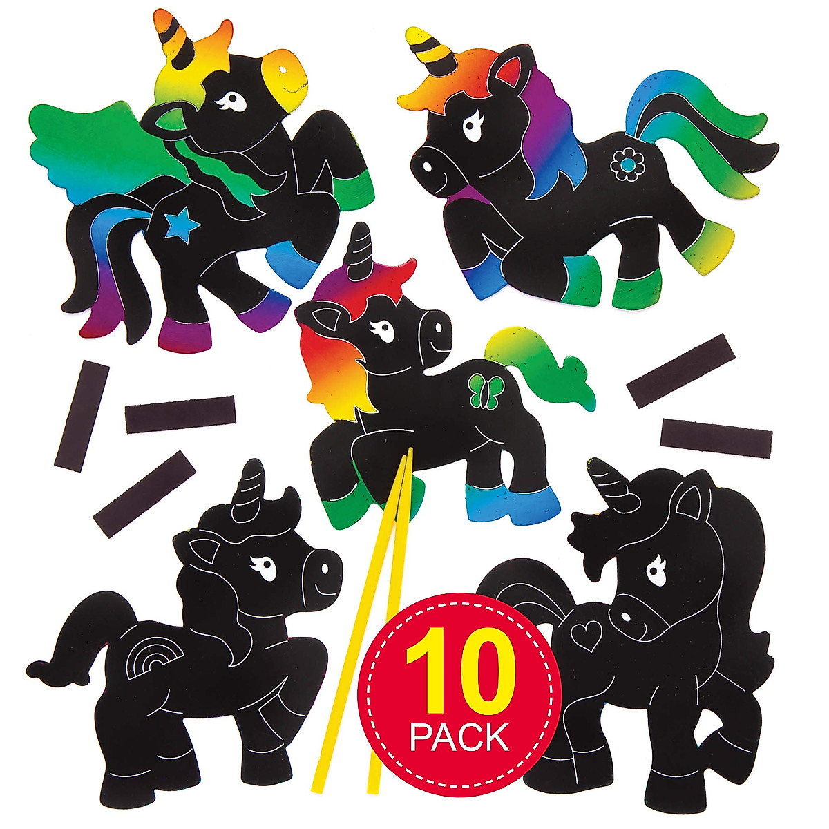 Baker Ross AW625 Unicorn Scratch Art Fridge Magnets - Pack of 10, Rainbow Scratch Paper with Stylus for Kids to Decorate in Arts and Crafts Activities