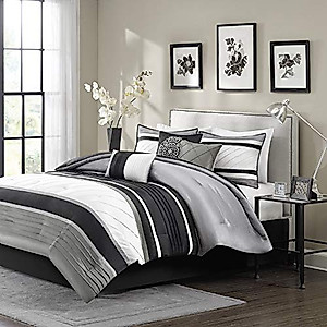 Madison Park Blaire Cozy Comforter Set-Luxurious Faux Silk Traditional Pieced Design All Season Down Alternative Bedding with Matching Shams, Decorative Pillow, Queen (90 in x 90 in), Grey 7 Piece