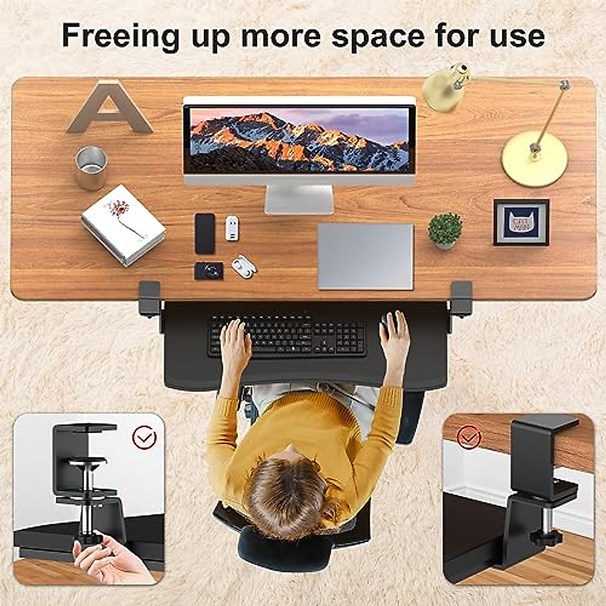 LETIANPAI Keyboard Tray Under Desk,Pull Out Keyboard & Mouse Tray with Heavy-Duty C Clamp Mount,32(37 Including Clamps)x11.8 in Slide Out Platform Computer Drawer,Suitable for home work or office work