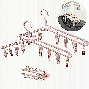 Fineget Folding Travel Shirt Socks Clothes Hangers with Clips Foldable Plastic Shorts Skirt Pants Suit Hangers Non Slip Closet Blue Drying Rack Displays (2 Pack Pink)