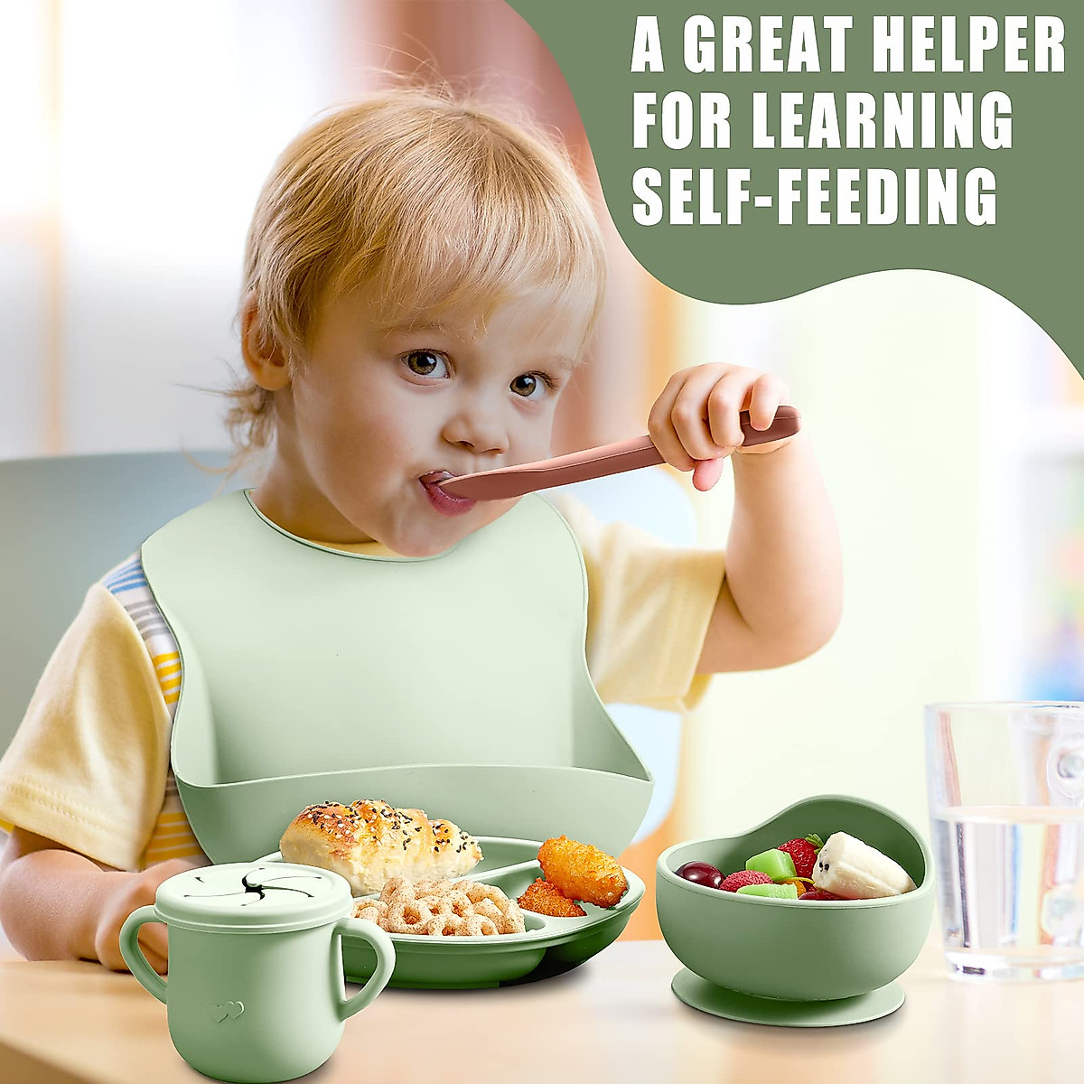 Potchen 14 Pack Baby Feeding Set, Silicone Baby Led Weaning Feeding Supplies with Suction Bowl Divided Plate Adjustable Bib Soft Spoon Fork Snack Cup with Lid Drinking Cup, Utensil (Army Green, Grey)