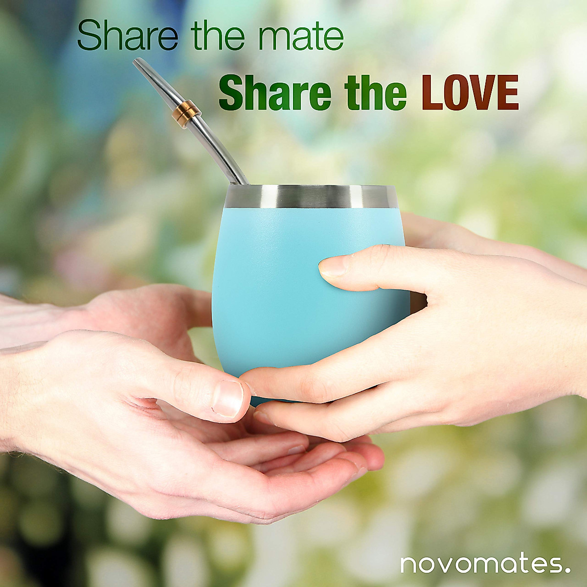 Novomates Yerba Mate Kit Including Double Wall Stainless Steel Mate Tea Cup and Mate Straw – Yerba Mate Cup and Bombilla Mate - Yerba Mate Gourd - Bombilla Mate and Mate Tea Cup 8oz (237ml) (Teal)