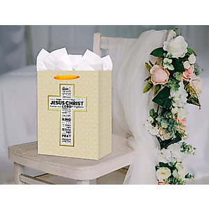 SICOHOME Large Gift Bag with Tissue Paper,Cross Paper Gift Bags with Handle for Baptism Christenings Confirmations First Communions Religious Wedding,Christmas Baptism Gifts Bag for Kids Boys Girl