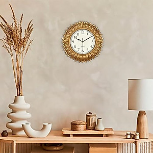 SkyNature Wall Clocks Battery Operated, 12 Inch Boho Sunflower Wall Clock for Living Room Decor, Silent Non-Ticking Small Analog Clock for Kitchen, Bedroom, Bathroom, Office - Gold