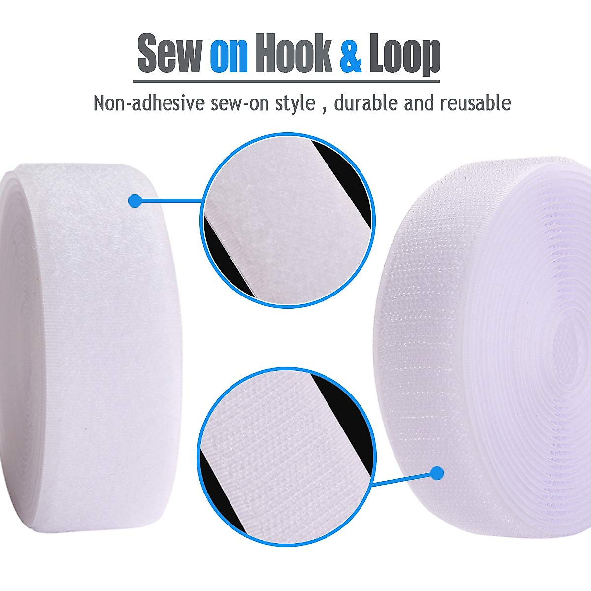 Sew on Hook and Loop Style 3/4 Inch Non-Adhesive Back Nylon Strips Fabric Fastener Non-Adhesive Interlocking Tape White,12.6 Yard