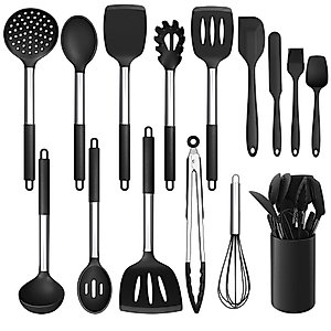 LIANYU 15-Piece Kitchen Cooking Utensils Set with Holder, Silicone Kitchen Tools Stainless Steel Handle, Slotted Spatula Spoon Turner Tong Whisk Brush for Cooking, Black