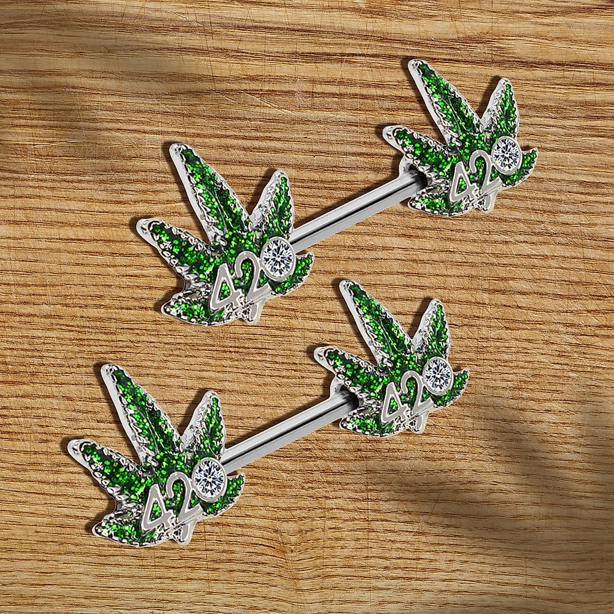 Pierce2GO 14G Nipple Piercing Surgical Stainless-Steel Set of 2 Barbell Marijuana Weed Leaf - 420 Cute Nipple Rings Nipple Piercing Jewelry for Women - 9/16" Barbell (Green)
