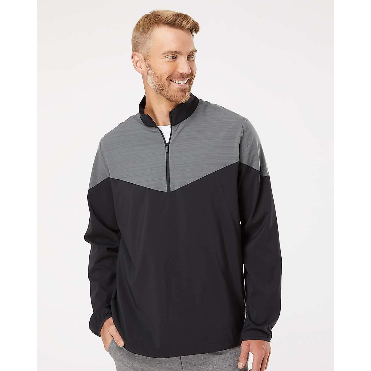 adidas Mens Heather Chevron Quarter-Zip Wind Pullover, M, Black/Black Heather
