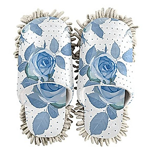 Kigai Microfiber Cleaning Slippers Blue Rose Washable Mop Shoes Slipper for Men/Women House Floor Dust Cleaner, Size L