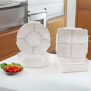 Airtight 5-Compartment Removable Multi Divided Serving Tray with Lid, Portable Charcuterie Container, Snackle Platter, Snack Box, Easy Prepping Organizer Cansiter for Veggie, Fruit, Ingredient (Round)
