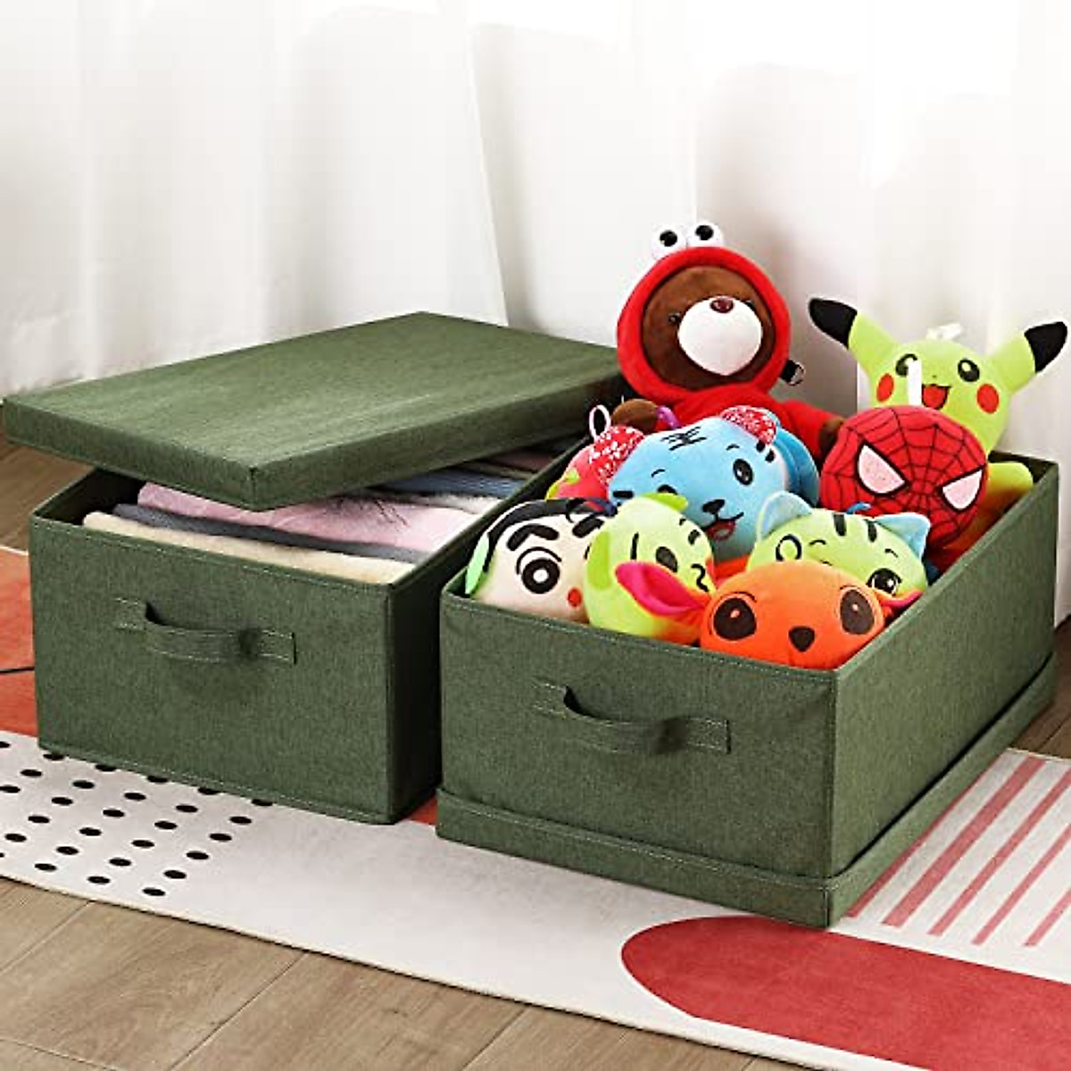 HOONEX Storage Bins with Lids for Organizing, Pack of 2, Storage Boxes with 2 Carrying Handles and Study Heavy Cardboard, 16.5" L x 11.8" W x 7.5" H for Toy, Shoes, Books, Clothes, Nursery, Olive