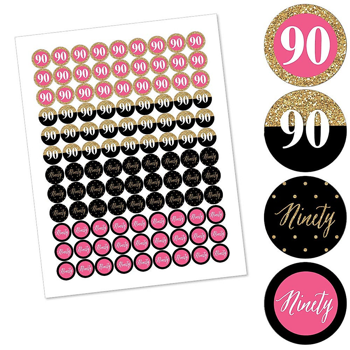 Big Dot of Happiness Chic 90th Birthday - Pink, Black and Gold Round Candy Sticker Favors Labels Fit Chocolate (1 Sheet 108)