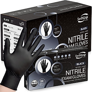 SwiftGrip Disposable Nitrile Exam Gloves, 3-mil, Black Nitrile Gloves Disposable Latex Free for Medical, Cooking & Esthetician, Food-Safe Rubber Gloves, Powder Free, Non-Sterile, 1000ct Case (X-Small)