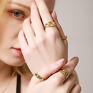 YOUFENG 18k Gold Filled Chunky Dome Ring for Women Croissant Braided Twisted Stacking Band for Women Statement Ring Size 9