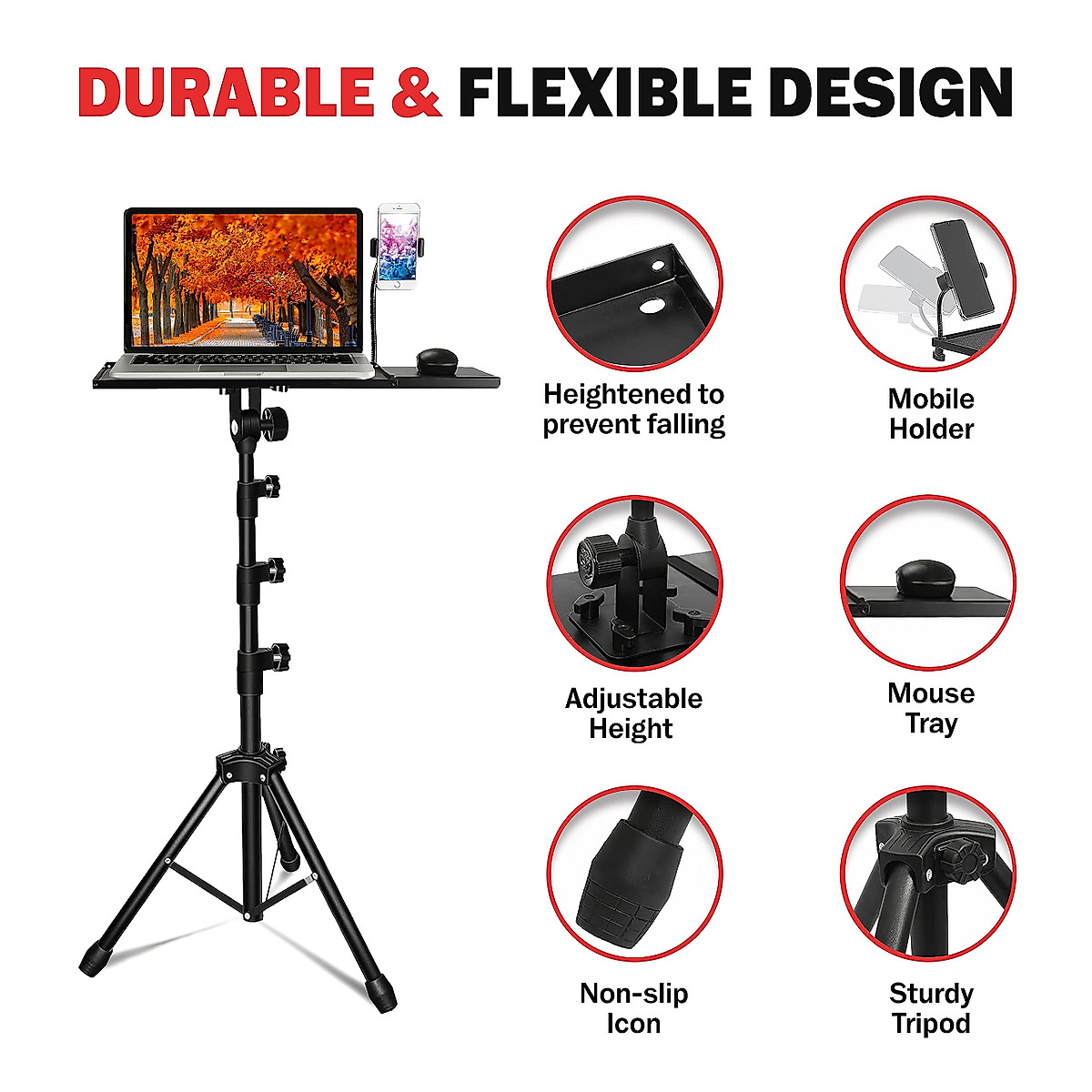 WTC Projector Stand, Laptop Tripod Stand Adjustable Height 22.5 inch to 63 inch with Gooseneck Phone Holder with Mouse Tray, Portable Projector Stand Tripod for Outdoor Movies- DJ Racks Holder Mount
