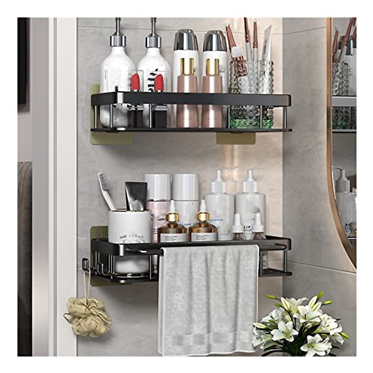 Shower caddy, 2 Pack Black Space Aluminum Shower Organizer, No Drilling Rustproof Shower Shelves with Hooks and Towels Hanger Storage for Bathroom, Kitchen