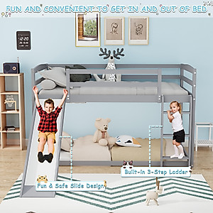 DreamBuck Twin Over Twin Bunk Bed with Convertible Slide and Ladder, Wooden Low Bunk Bed for Kids Teens with Safety Guardrails, Floor Bunk Bed for Boys Girls, Space Saving & Easy Assembly, Grey