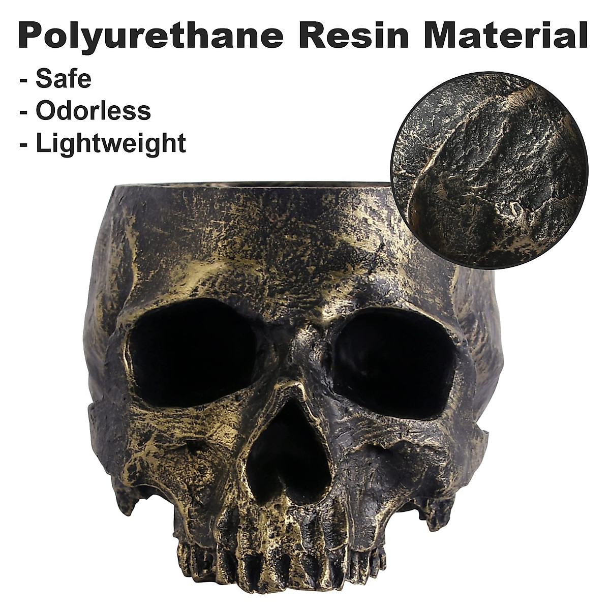 Halloween Skull Candy Dish- Deep Skull Head Halloween Candy Bowl Holder Artificial Resin Skulls Decor Indoor Outdoor Table Centerpieces Flower Pot Plant Office Pen Holder Desktop Ornaments - Bronze