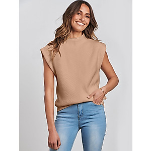 LOGENE Women's Sweater Vest Sleeveless Mock Neck Tank Top Ribbed Knit Cap Sleeve Pullover Sweaters 2023 Fall Trendy Clothes apricot Medium