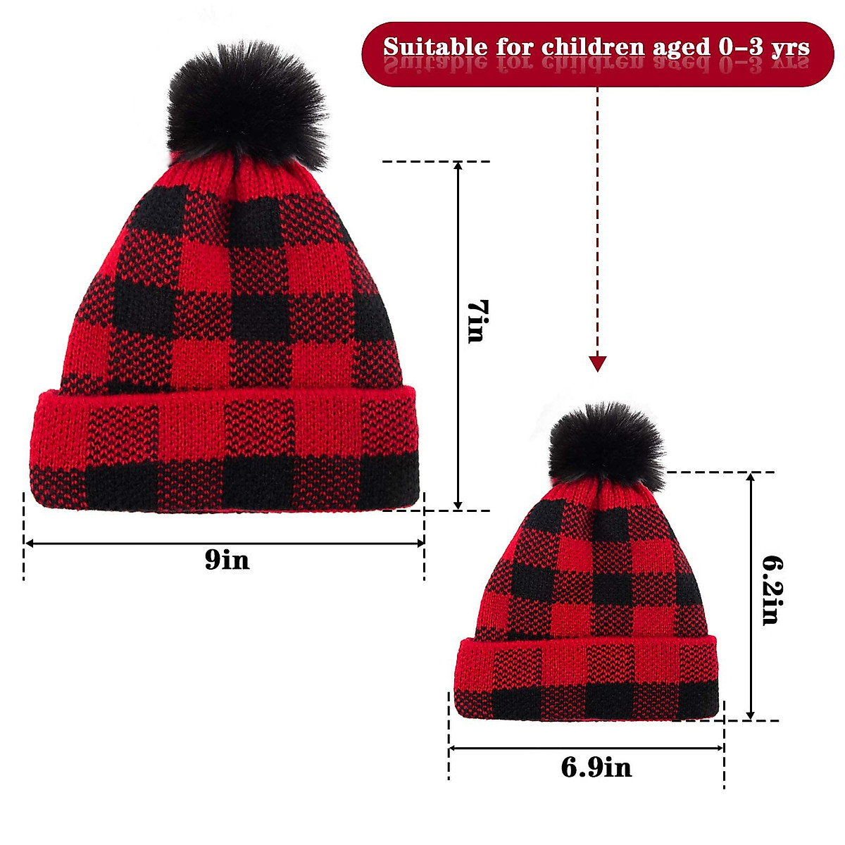 2 Pcs Parent-Child Hats with Pom Pom - Knitted Mom and Baby Matching Outfits Winter Warm Beanie Hats Soft Crochet Caps for Women Kids Christmas Red