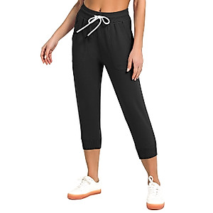 SPECIALMAGIC Women's Sweatpants Cropped Jogger French Terry Running Pants Lounge Loose Fit Drawstring Waist with Side Pockets Black M