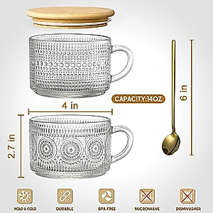 4pcs Set Vintage Coffee Mugs, Overnight Oats Containers with Bamboo Lids and Spoons - 14oz Clear Embossed Glass Cups, Cute Coffee Bar Accessories, Iced Coffee Glasses, Ideal for Cappuccino, Tea, Latte