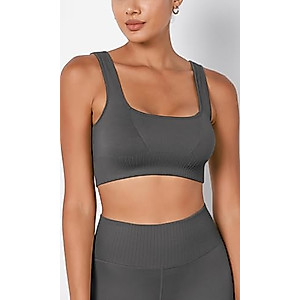 ODODOS Seamless Square Neck Sports Bra for Women Ribbed Crop Tank Casual Low Back Cropped Tops, Charcoal, Medium/Large