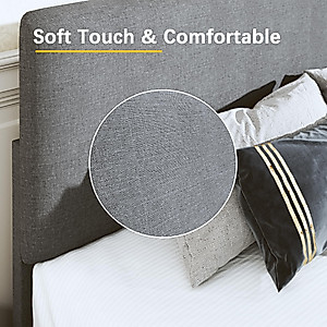 Fluest King Bed Frame with Adjustable Headboard Upholstered Bed Frame Platform Linen Fabric Headboard Wooden Slats Support/No Box Spring Needed/Easy Assembly/Mattress Foundation, Light Grey
