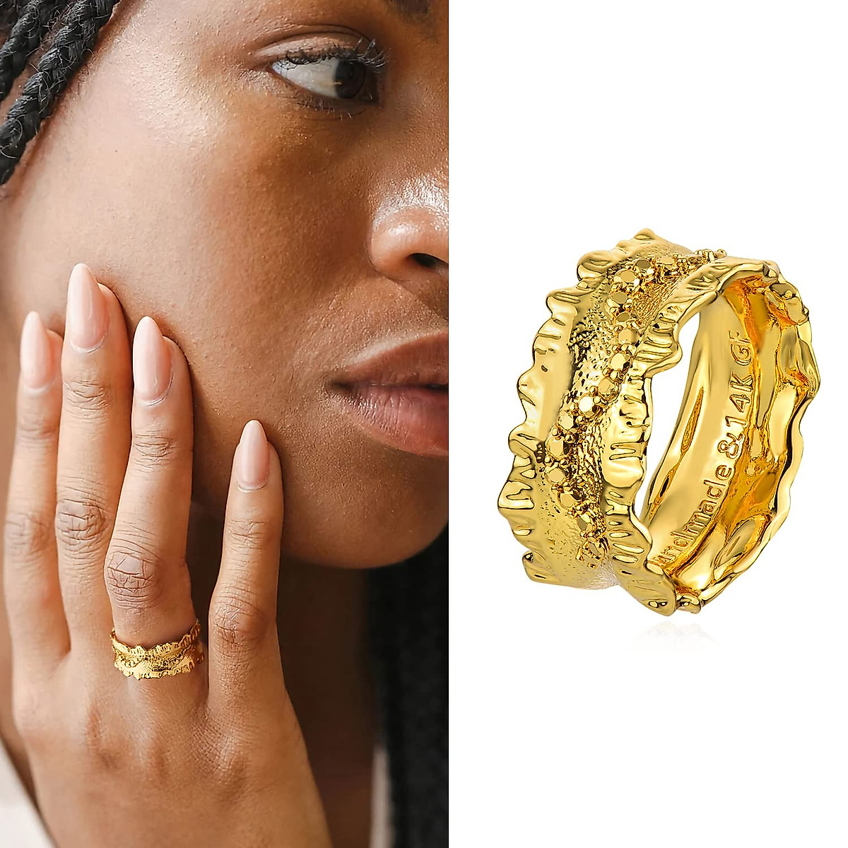 MYEARS Women Ring Gold Hammered Chunky Band Irregular Diamond Cubic Zirconia 14K Gold Filled Simple Statement Finger Everyday Jewelry Size 8