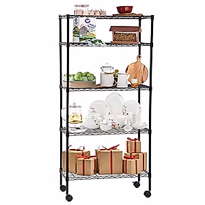 PIKAQTOP 5-Tier Heavy Duty Metal Shelves for Storage Kitchen Garage (750LBS Capacity), Industrial Commercial-Grade Shelves w/Wheels & Leveler Feet, Height Adjustable Wire Rack Shelving for Pantry