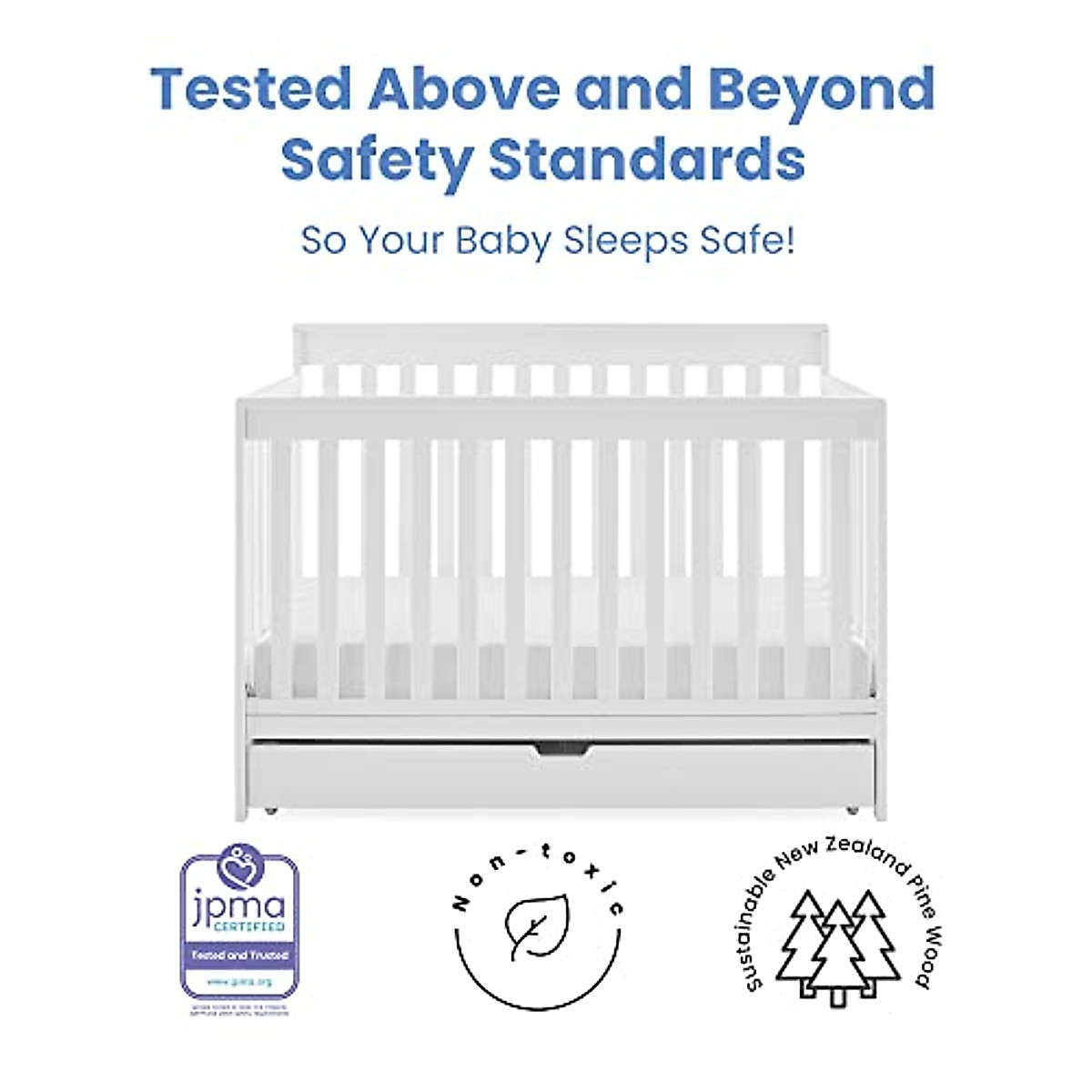 Delta Children Mercer 6-in-1 Convertible Crib with Storage Trundle + Simmons Kids SlumberTime Naturally 2-Stage Premium Foam Crib & Toddler Mattress - GREENGUARD Certified [Bundle], Bianca White