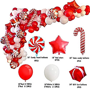 Christmas Balloon Garland Arch Kit – 160 Pack White Red Latex Balloons with Christmas Round Candy Cane Stars Foil Helium Balloon for XMAS Evening Decoration Supplies