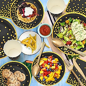 Black and Gold Party Supplies-Golden Dot Paper Plates,Black Napkins&Cups and Plastic Utensils,Gold Rim Disposable Paper Tableware for Birthday,Retirement,Graduation,175Pcs,Serve 25