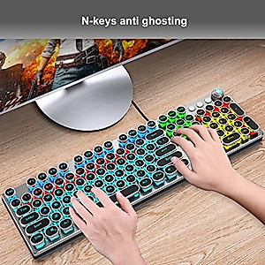 ZDawnn Typewriter Style Mechanical Gaming Keyboard.LED Rainbow Backlit,104 Keys,Retro Punk Round Keycaps with Brown Switch,Wired with USB-A,for PC/Mac/Laptop