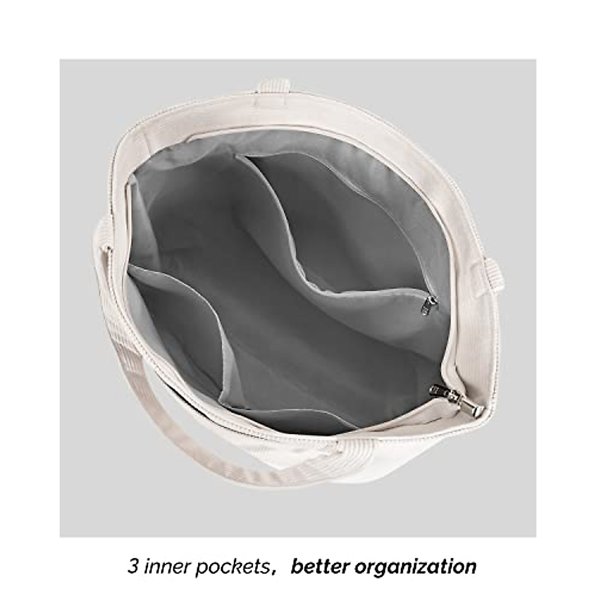 Prite Corduroy Tote Bag for Women Large Shoulder Bag with Zipper and Pockets for College School Work Travel Shopping (Beige)