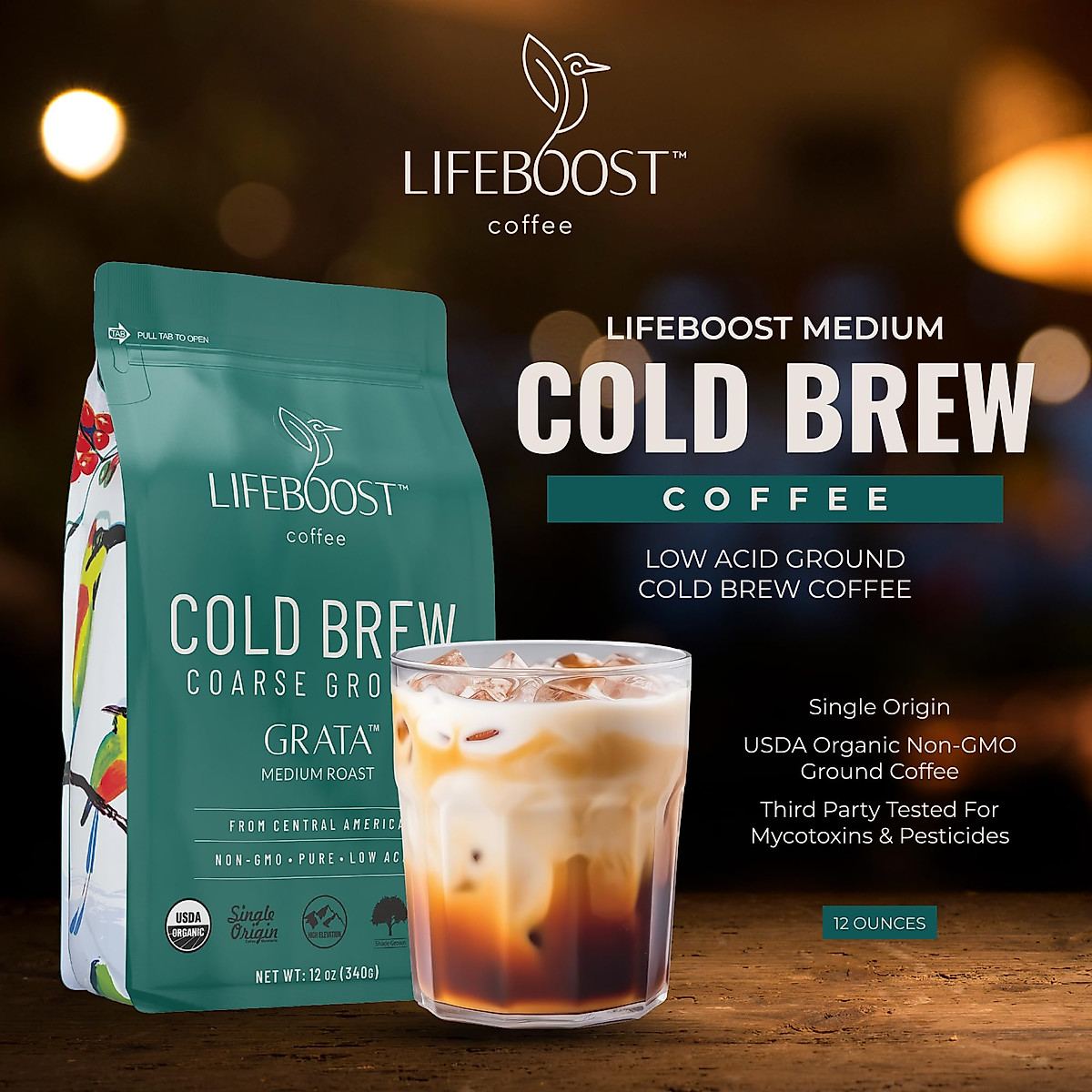 Lifeboost Medium Cold Brew Coffee - Low Acid Coarse Ground Coffee for Cold Brew - Single Origin Non-GMO USDA Organic Cold Brew Coffee Grounds - 3rd Party Tested For Mycotoxins & Pesticides - 12 Ounces