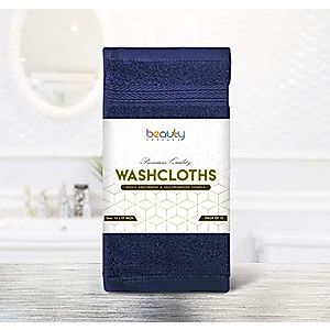 Beauty Threadz - Premium Quality Pack of 12 Luxury Washcloths 100% Ring Spun Cotton 12x12 inch Face Towel Highly Absorbent, Ultra Soft & Fade Resistant 500 GSM Fluffy Wash Cloth Set (Navy)