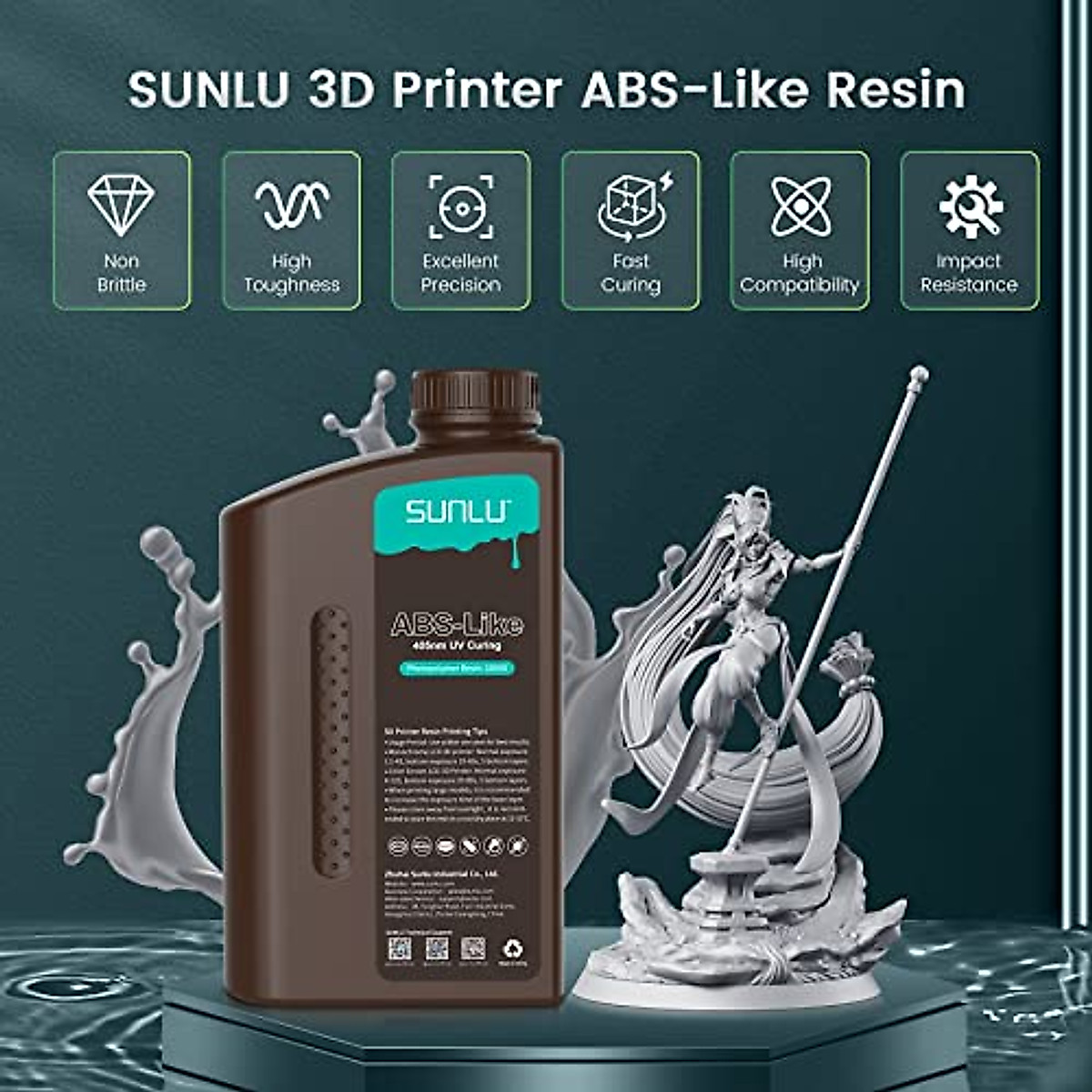 SUNLU 3D Printer Resin, 1000g ABS-Like High Toughness Resin for 4k/6k/8k LCD/DLP/SLA Resin 3D Printer, 405nm UV Curing 3D Printing Resin, Good Resistance, Non-Brittle & High Precision, Grey 1000g