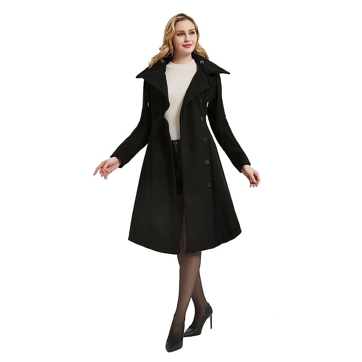 QZUnique Long Trench Pea Coat for Women - Wool Winter Trench Coat Goth Lapel Peacoat Outwear Thick Hood Pea Jacket Trenchcoat