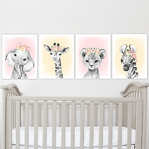 Baby Girl Nursery Wall Art Pink Floral Safari Animals Elephant Giraffe Lion Zebra Room Decor 4 UNFRAMED PRINTS