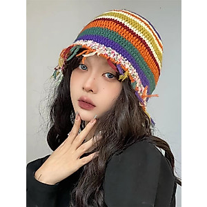 QOOEQPQY Women Stripes Winter Bucket Hat Handmade Crochet Beanie Cap Knitted Fuzzy Hat Colorful Fluffy Trim (Colorful)