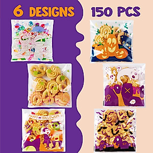 JOYIN 150 PCS Halloween Cellophane Treat Bags, Halloween Clear Self-adhesive Candy Bags, Halloween Plastic Cookie Bags for Trick or Treat, Halloween Goodie Bags for Party Favor Supplies