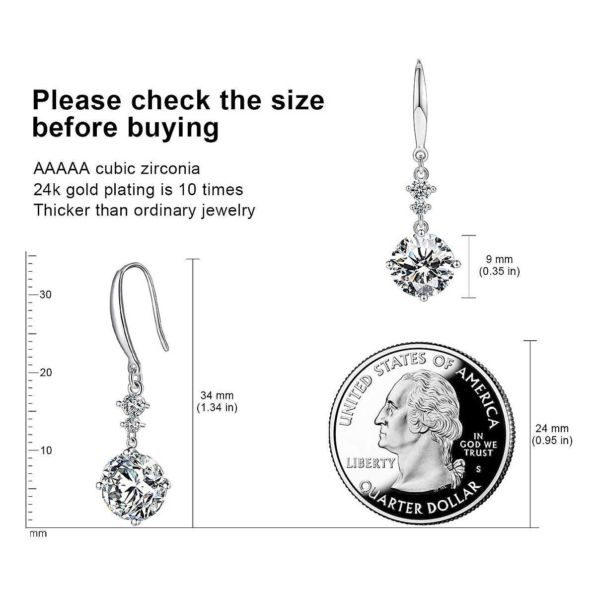 Drop Dangle Earrings 925 Sterling Silver Hook with 9MM 2.75ct CZ and 2pcs Small Cubic Zirconia Design 14K White Gold Plated Hypoallergenic Gorgeous Gift for Women and Girls (White gold)