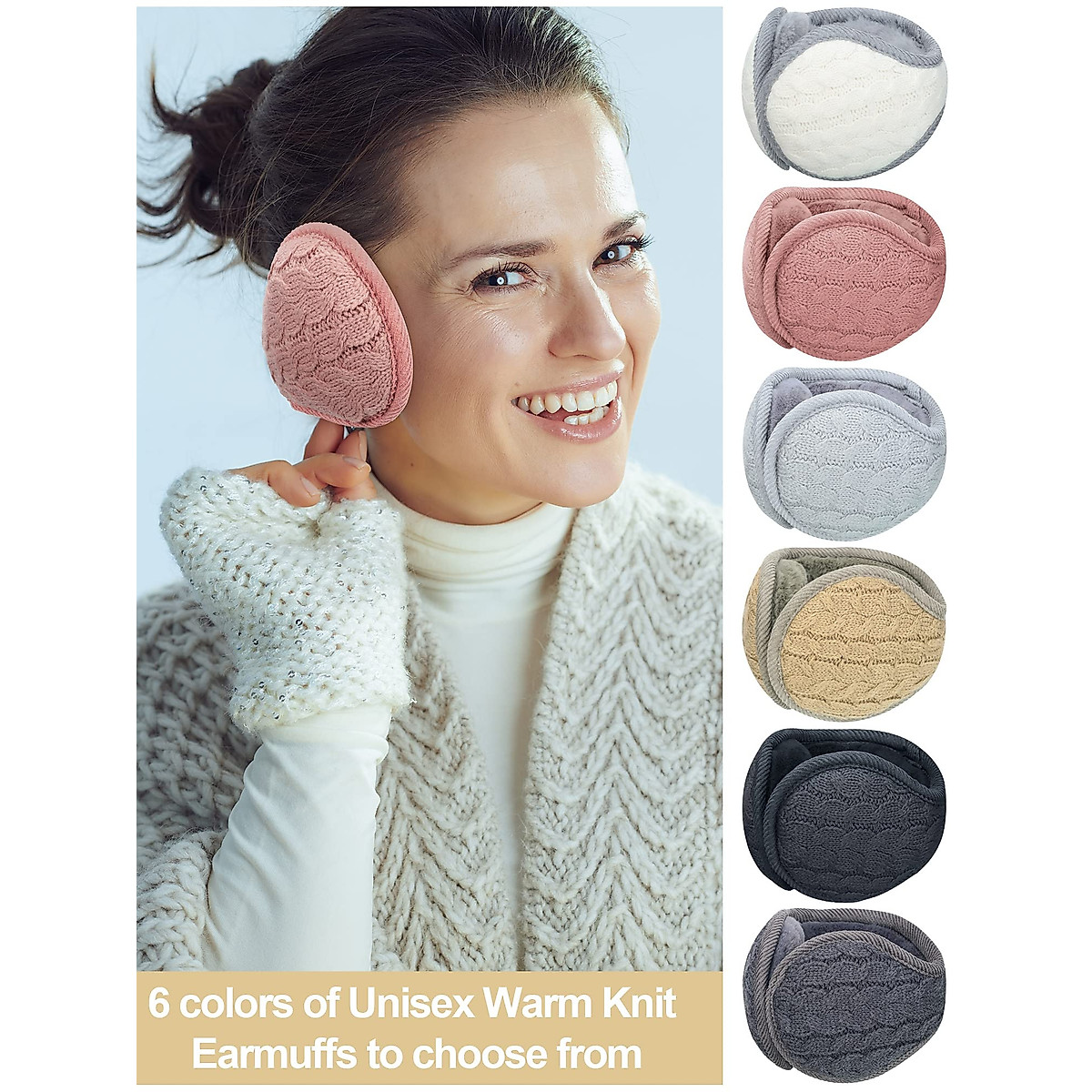 6 Pieces Unisex Ear Muffs Cold Winter Knit Earmuffs Fur Foldable Behind The Head Ear Warmer with Adjustable Wrap for Women Men Girls Valentine's Day Present