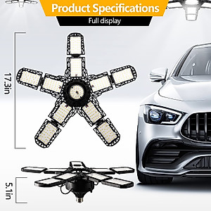 Alarco Pack of 2 Led Garage Light 180W 18000lm with 10+1 Leaf Deformable/Adjustable LED Panels Garage Light, E26/E27 Base as Regular Light Bulb for Garage, Basement, Warehouse, Shop, Barn