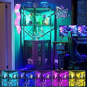 Aheaplus Corner Bar Cabinet with Power Outlet, Industrial Wine Cabinet with LED Strip and Glass Holder, 5-Tiers Liquor Cabinet Bar Unit for Home, Corner Display Cabinet for Small Space, Black