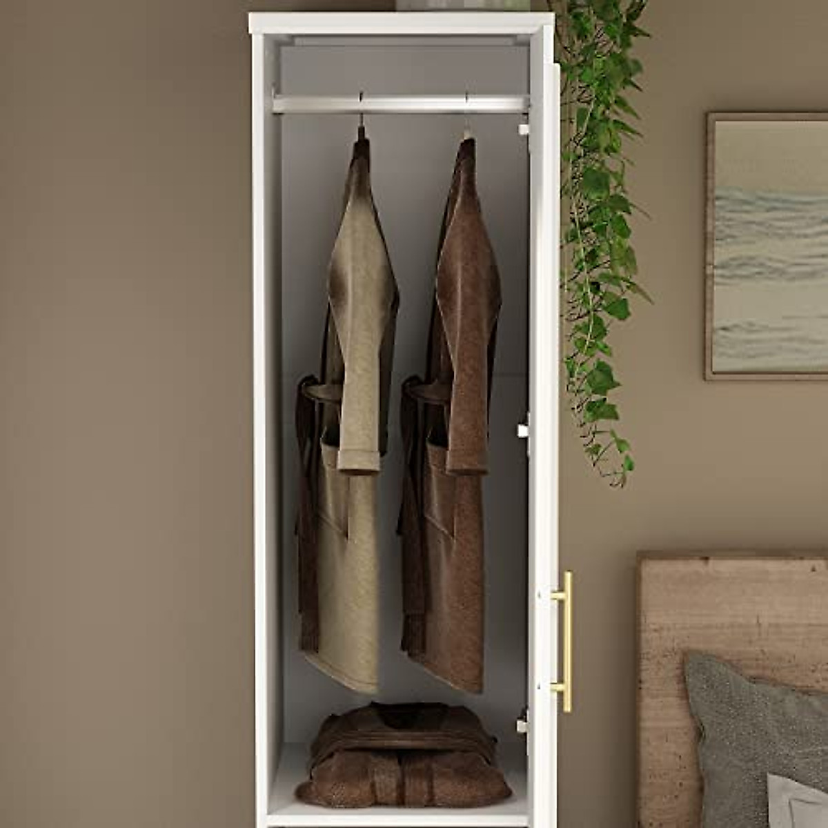 ECACAD Slim Wardrobe Armoire with 2 Doors, 3-Tier Shelves & Hanging Rod, Wooden Closet Storage Cabinet for Bedroom, White (15.7”W x 19.3”D x 74.8”H)