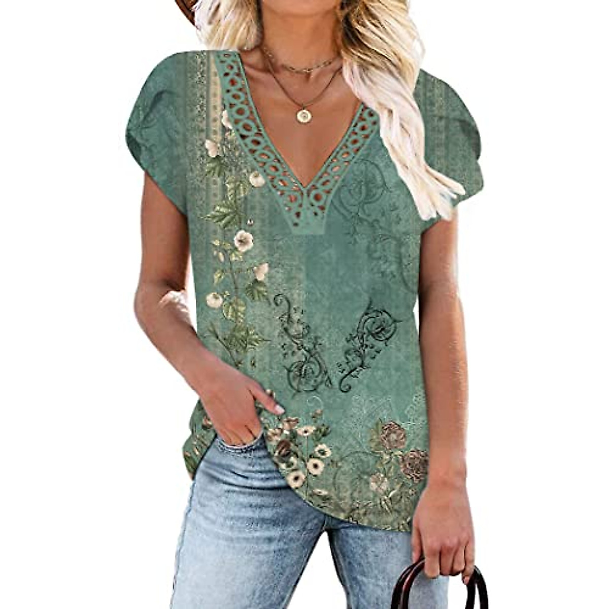 Womens Tunic Tops to Wear with Leggings Short Petal Sleeve Lace V Neck Dressy Casual Country T Shirts Loose Fit Black