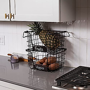 Stacking Wire Market Baskets with Chalk Label - Set of 2 - Fruit Vegetable Produce Metal Storage Bin for Kitchen Counter - Pantry Cabinet - Bathroom Shelves - Metallic Black