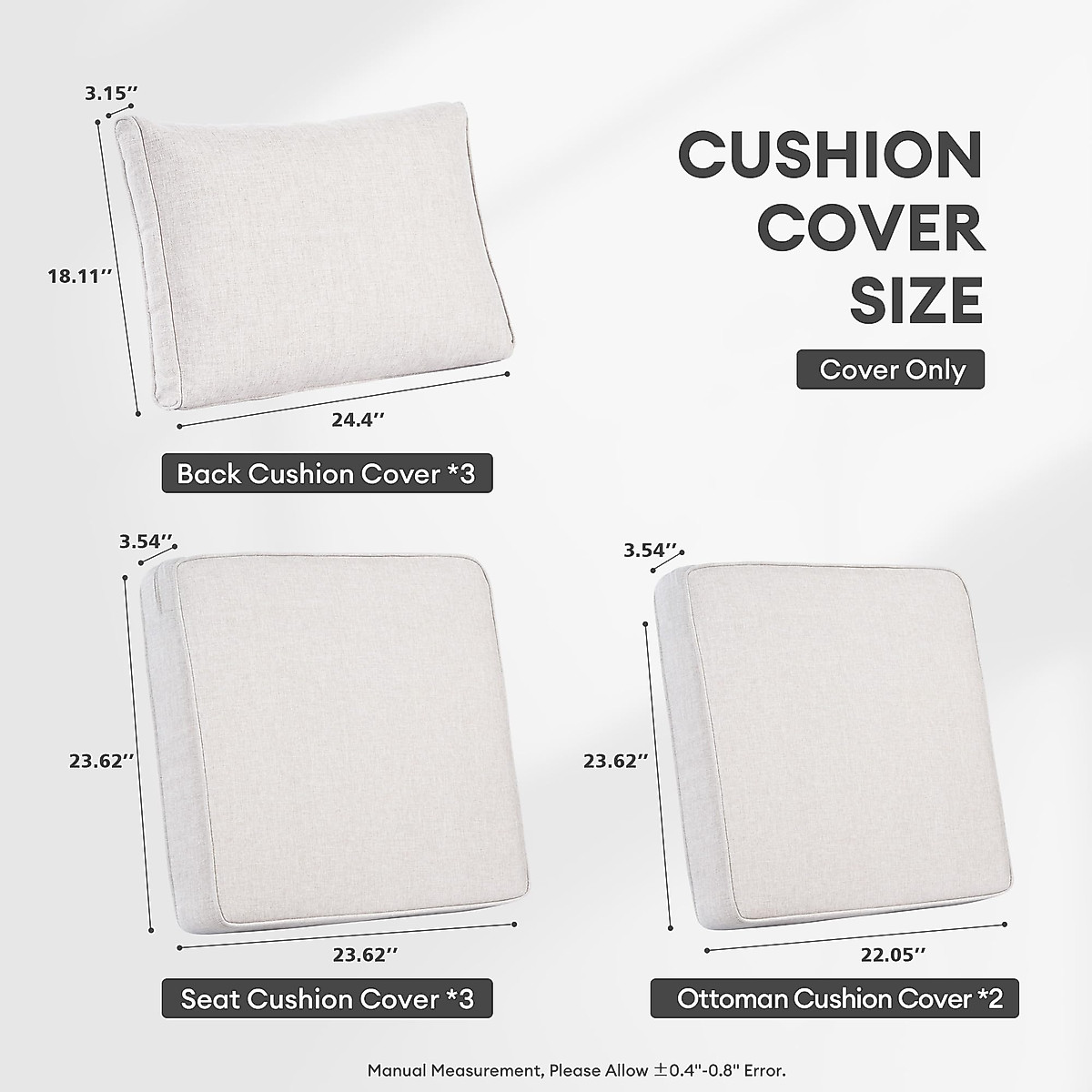 ovios Patio Cushion Covers, Waterproof Cushion Cover for Outdoor Furniture, Sofa, Couch, Ottoman Seat Back Cushion Cover with Zipper (8 Covers, Beige)